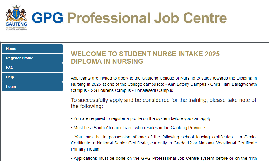 Gauteng College of Nursing Student Nurse Intake 2025 | Board Opportunities